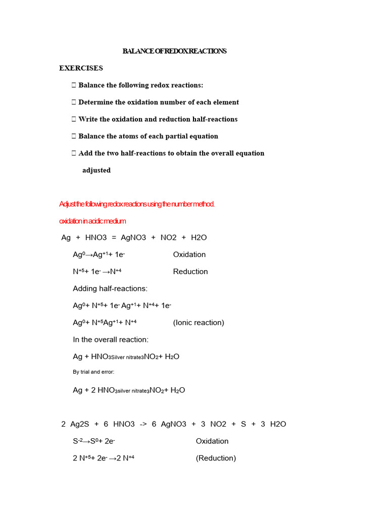 Balancing Redox Reactions Exercises | PDF | Redox | Chemical Reactions