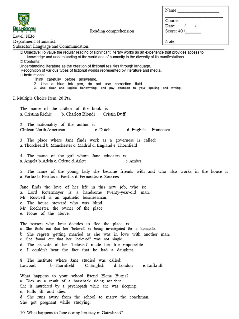 Jane Eyre Reading Comprehension Test | PDF | Jane Eyre | Multiple Choice
