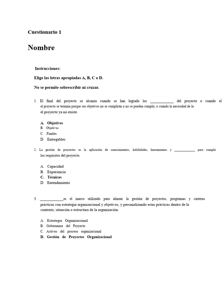 Cuestionario de Gestión de Proyectos 1 | PDF | Gestión de proyectos | Planificación