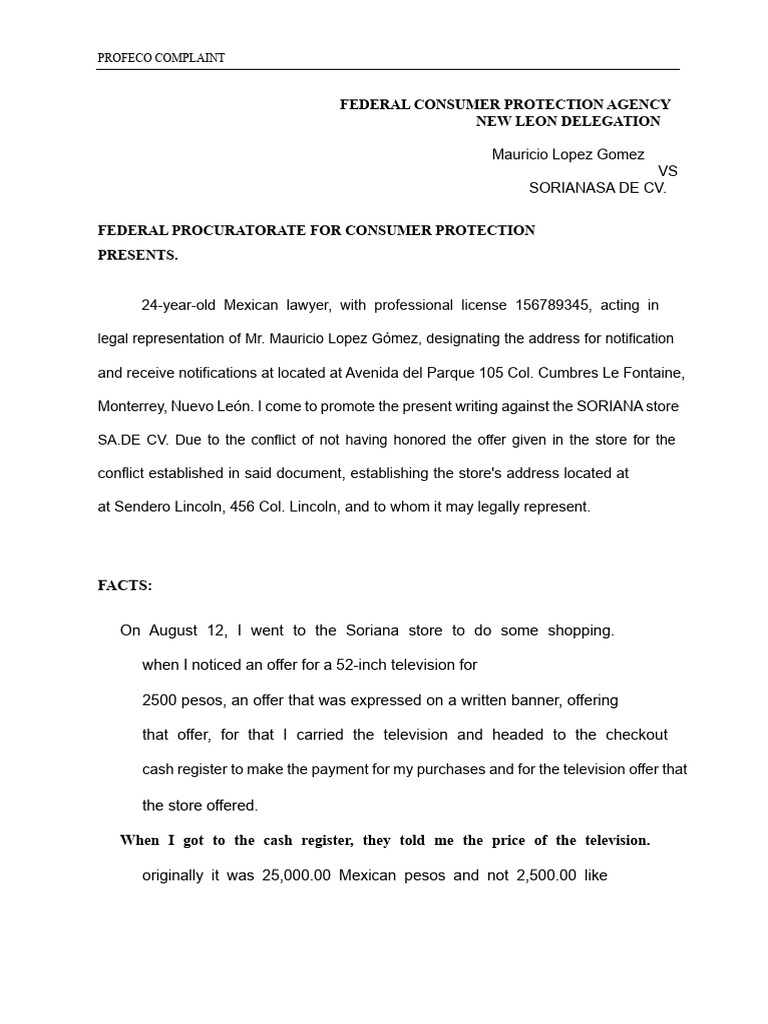 PROFECO Complaint Against Soriana Store | PDF