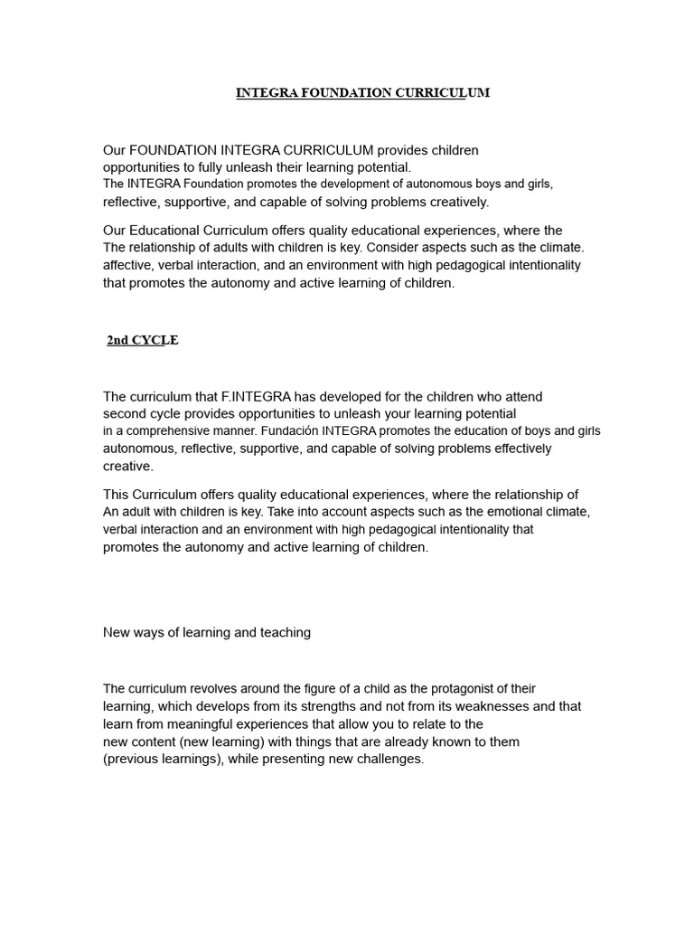 INTEGRA Foundation Educational Curriculum | PDF | Preschool | Kindergarten