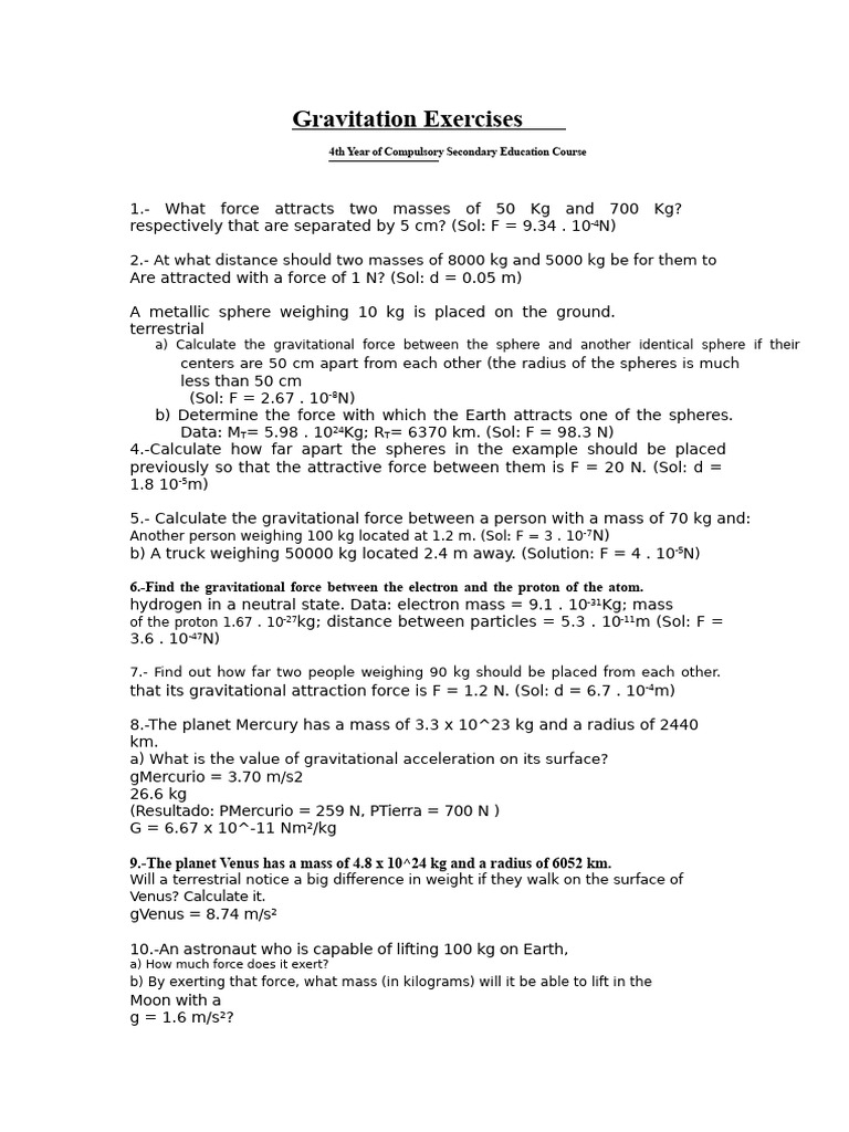 Gravitation Exercises 4th ESO | PDF | Force | Mass