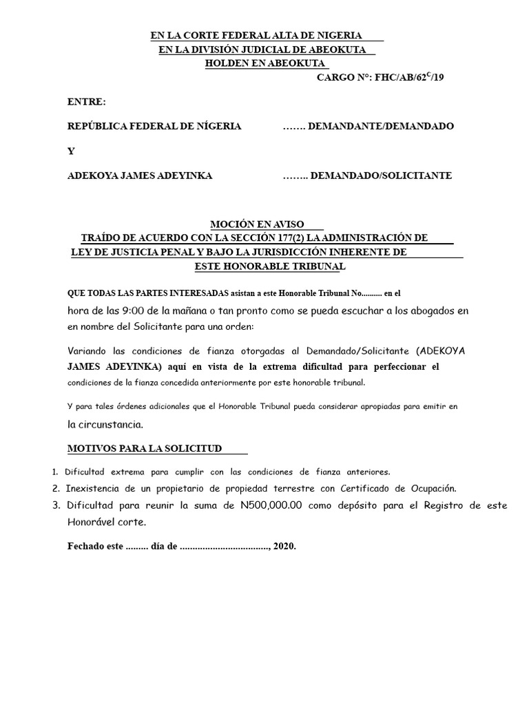 Adekoya James Adeyinka Variación de Fianza | PDF | Judicaturas ...