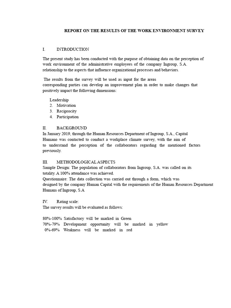 Work Environment Survey Results Report | PDF | Leadership | Human Resources