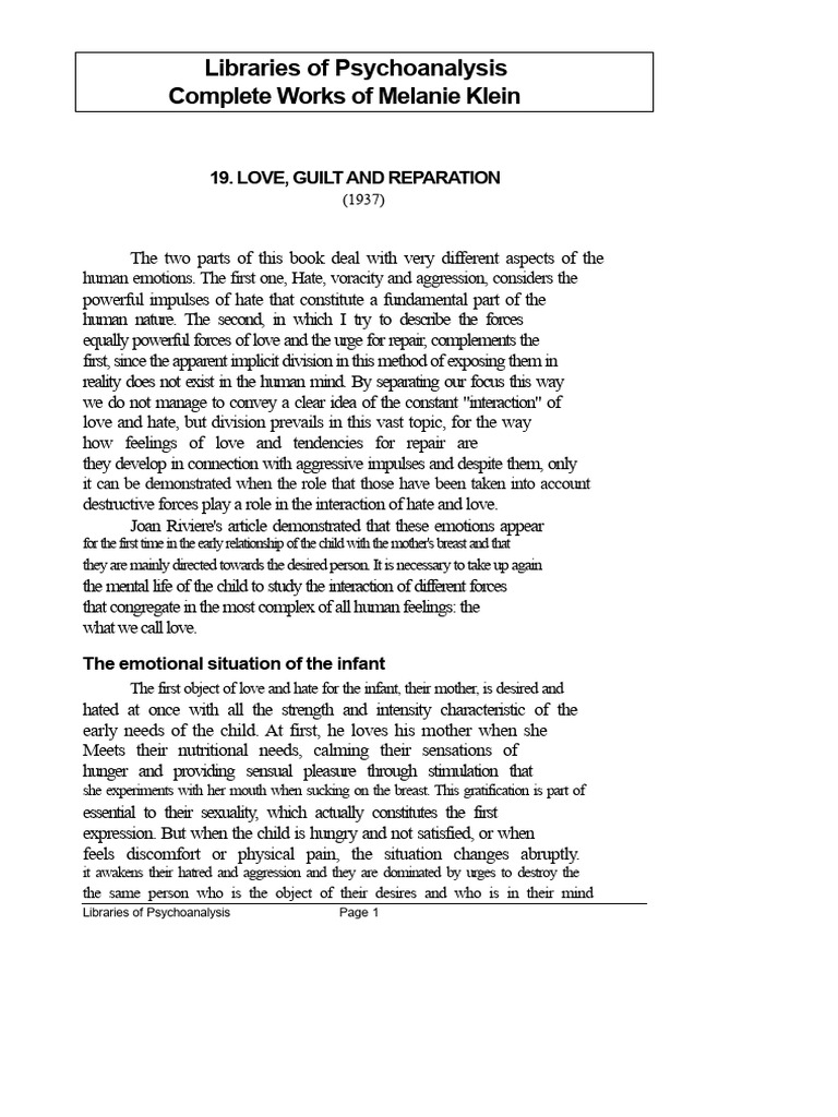 Love, Guilt, and Reparation Explained | PDF | Love | Psychoanalysis
