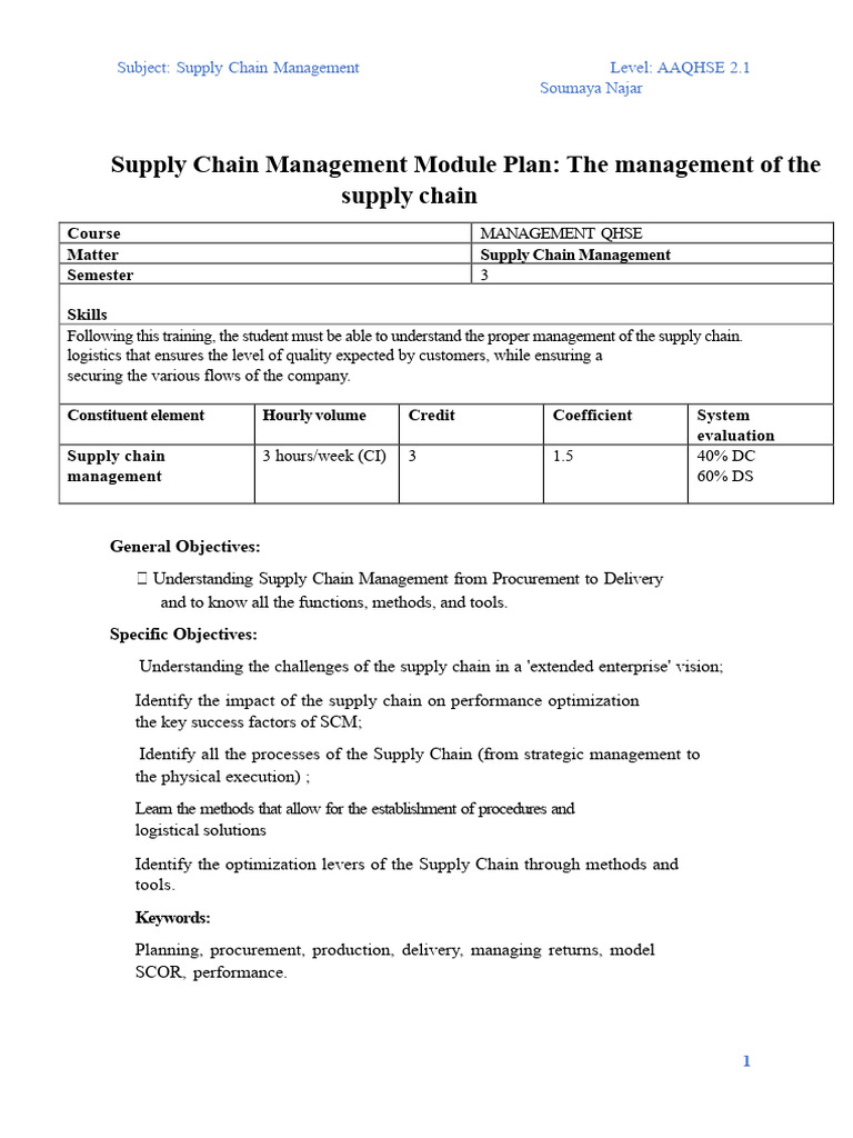 Course Plan SCM ISET Nabeul Chapter 126092021 | PDF | Logistics ...