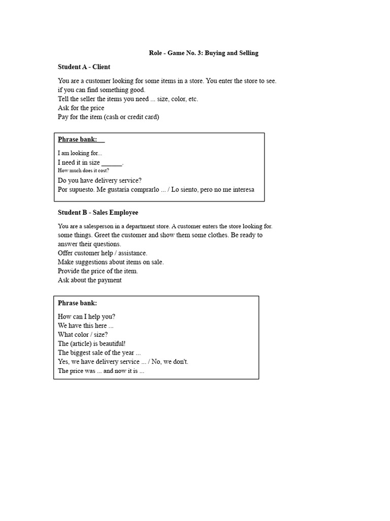 Buying and Selling Role Play Guide | PDF