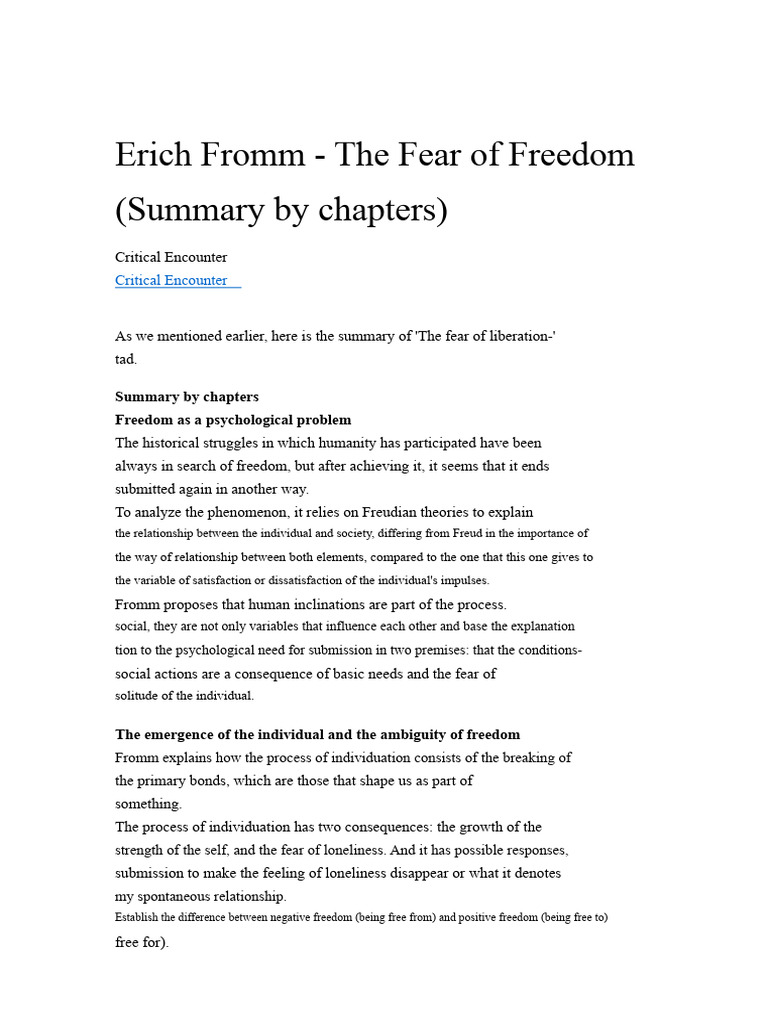 Summary of Fromm's The Fear of Freedom | PDF | Erich Fromm | Sadomasochism