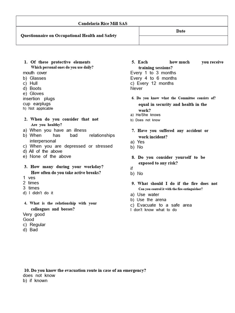 Candelaria Rice Mill Safety Questionnaire | PDF | Occupational Safety ...