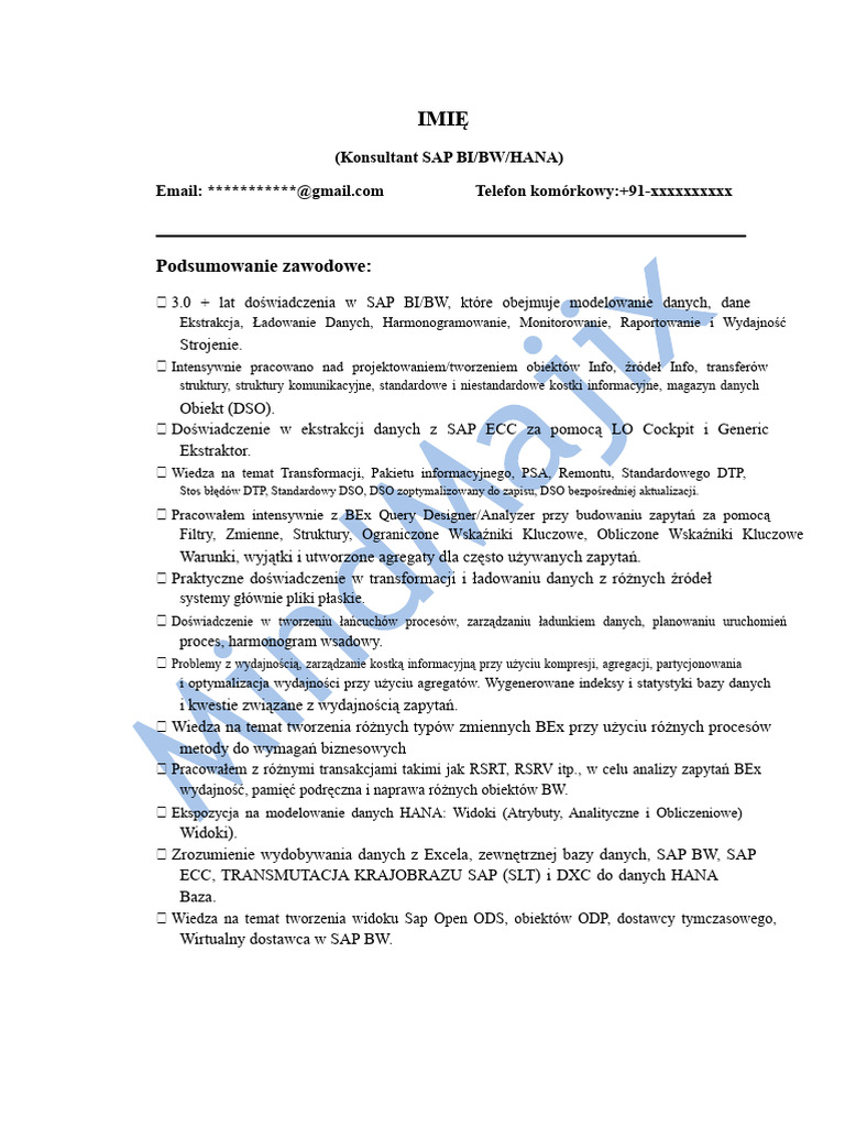 SAP BW Na HANA Przykładowe CV 1 | PDF