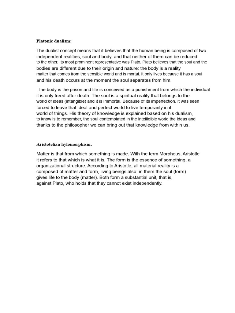 Differences Between Platonic Dualism and Aristotelian Hylomorphism. | PDF