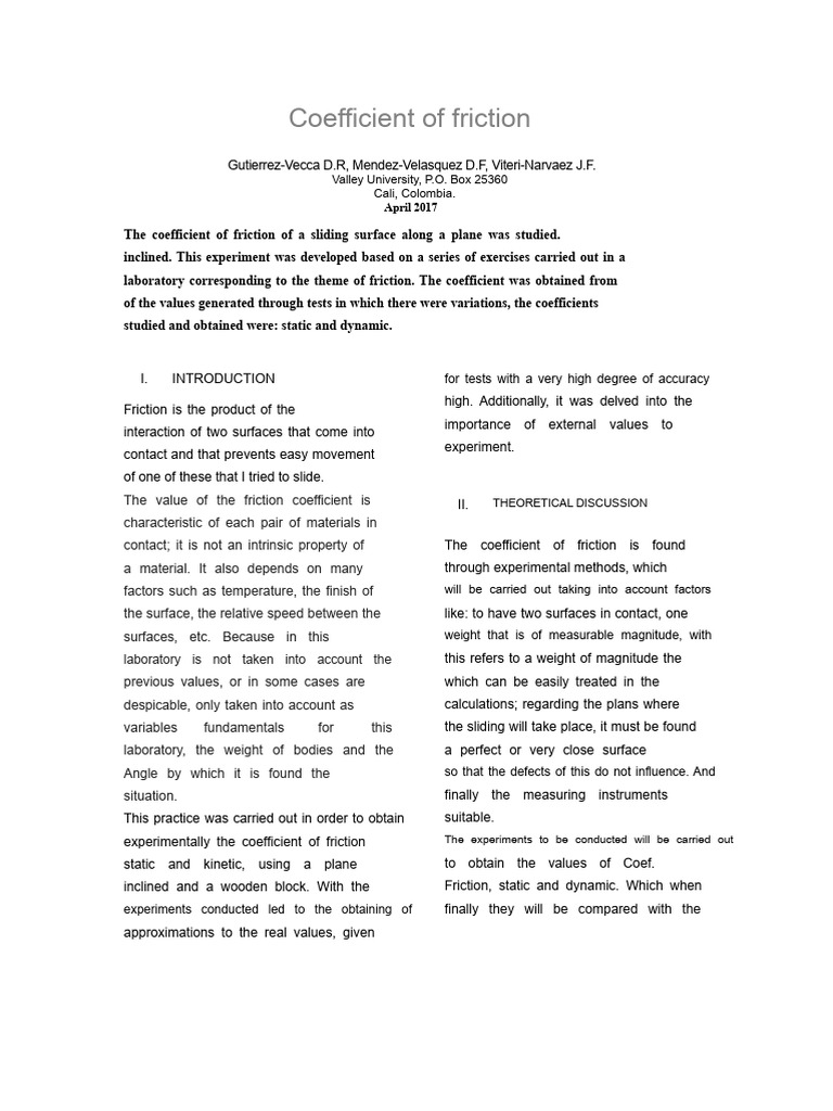 Coefficient of Friction Experiment Results | PDF | Friction | Experiment