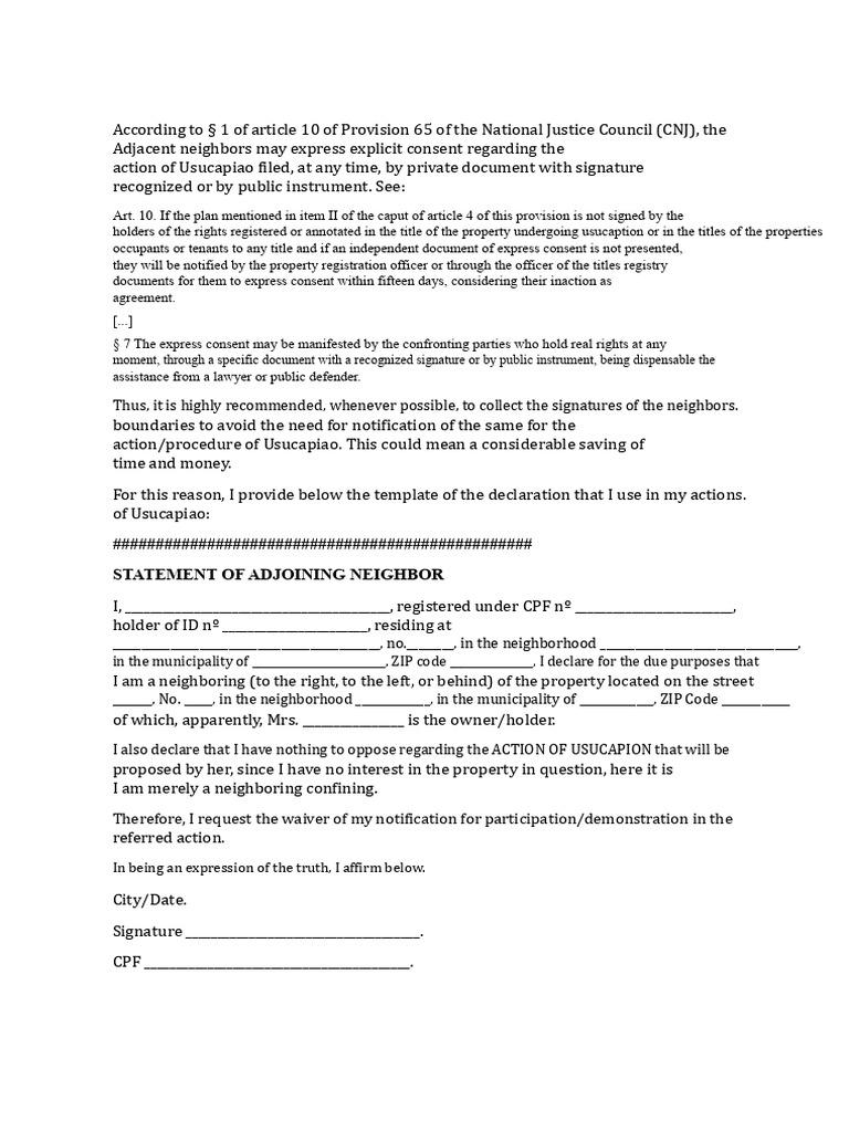 Usucapiao Neighbor Consent Template | PDF | Common Law | Justice