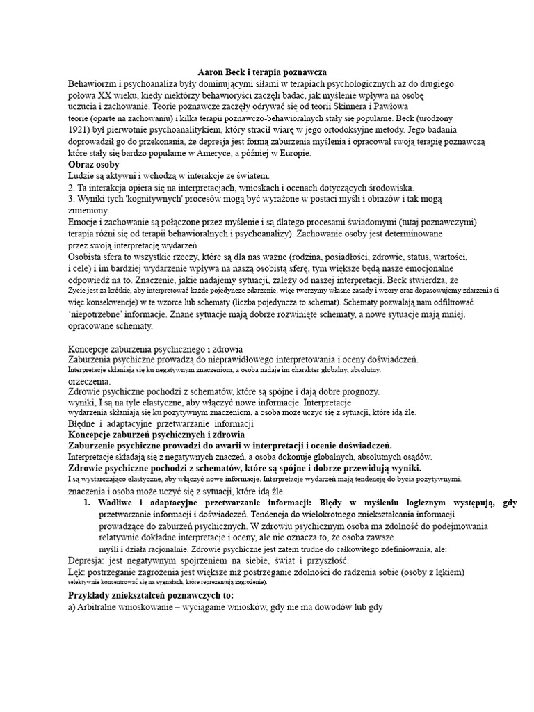 Aaron Beck I Terapia Poznawcza | PDF