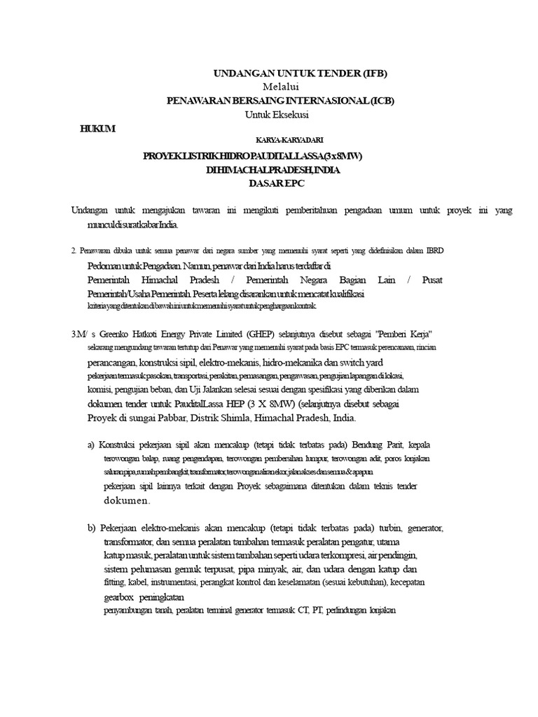 Tender Proyek Listrik Hidro Paudital Lassa | PDF