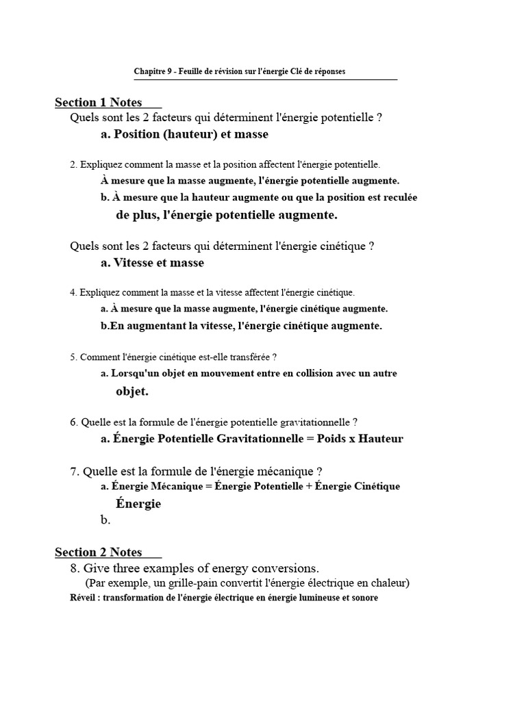 Unité 9 Feuille de Revision Reponses | PDF | Masse | La nature
