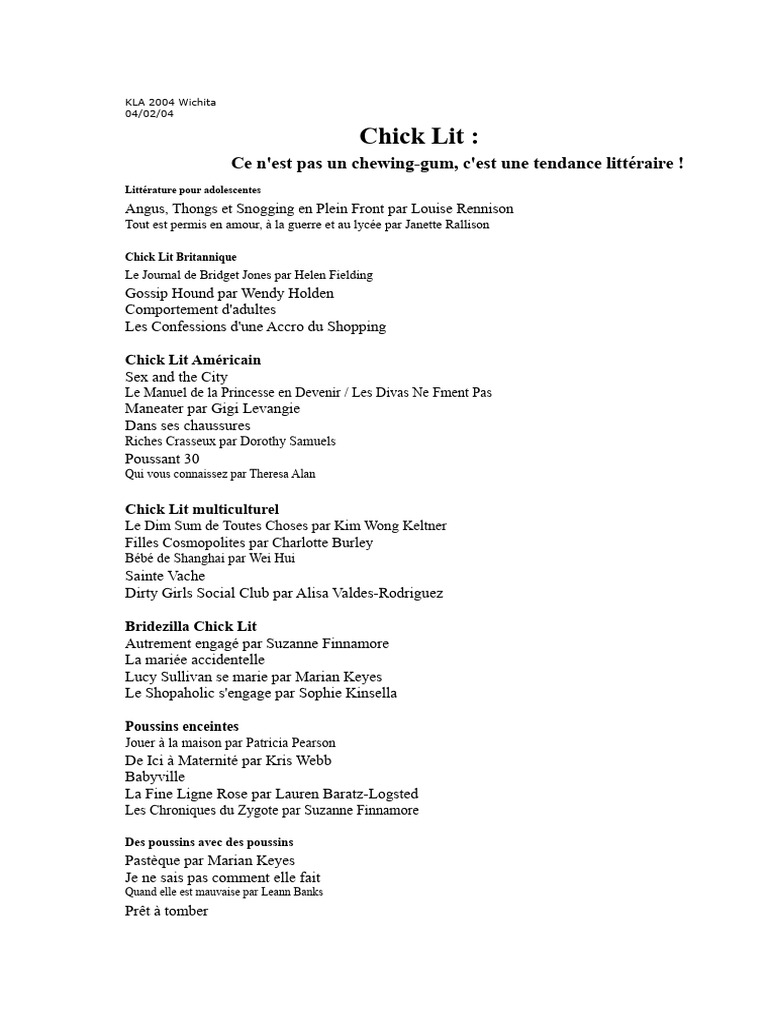 Guide de la Chick Lit : Tendances et Auteurs | PDF