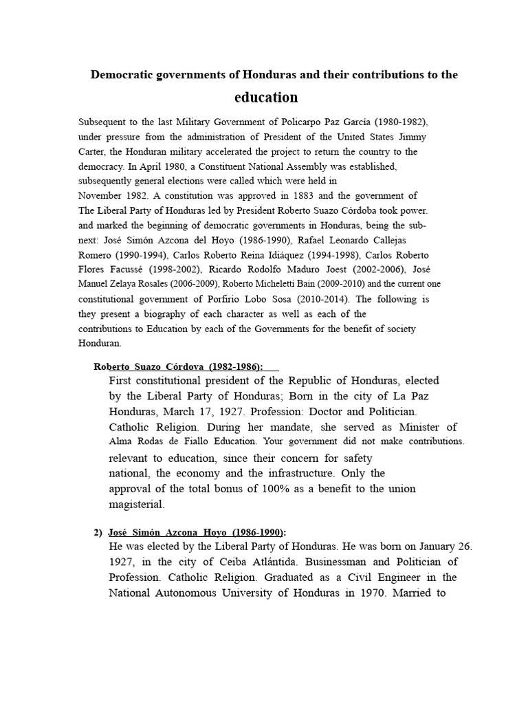 Democratic Governments of Honduras and Their Contributions To Education ...