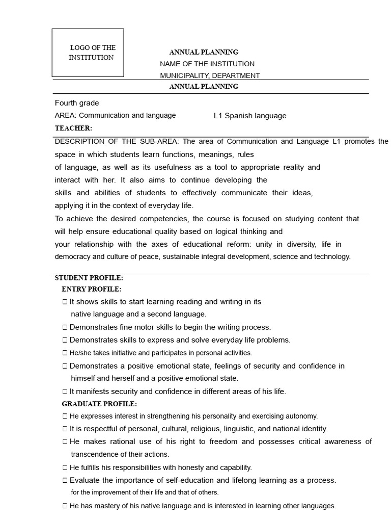 Fourth Grade Spanish Language Curriculum | PDF | Word | Subject (Grammar)