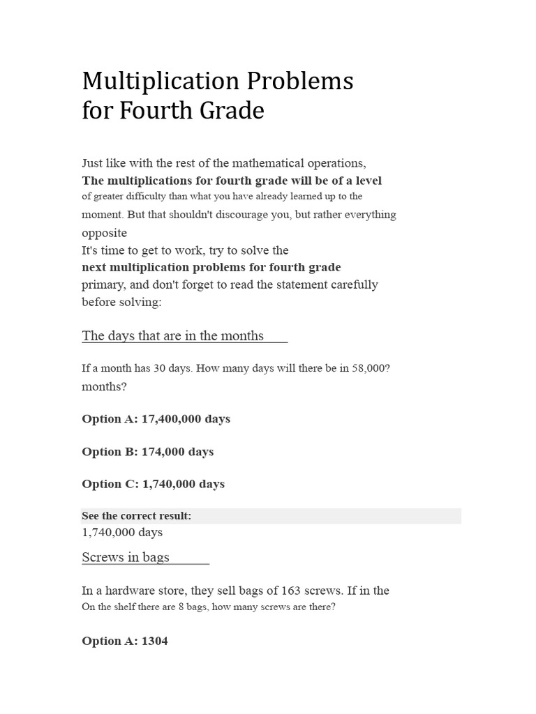 Fourth Grade Multiplication Problems | PDF | Newspapers