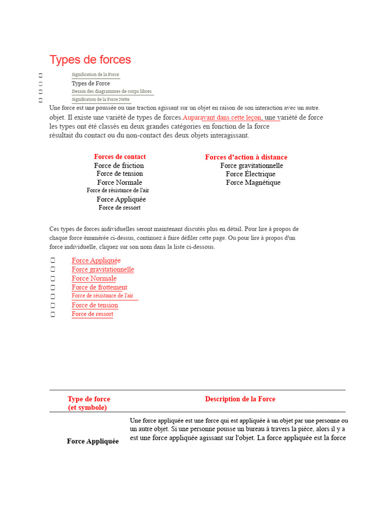Types de Forces en Mécanique | PDF | Friction | Obliger