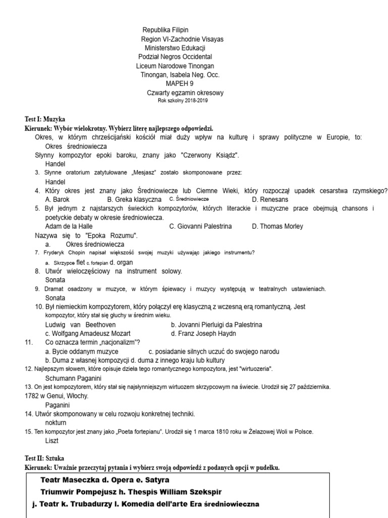 Mapeh 9 Egzamin Z Czwartego Semestru | PDF