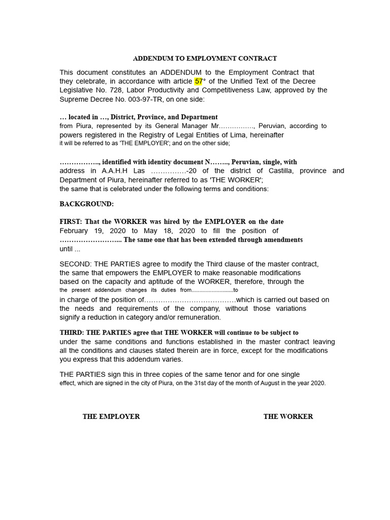 Employment Contract Addendum Piura | PDF