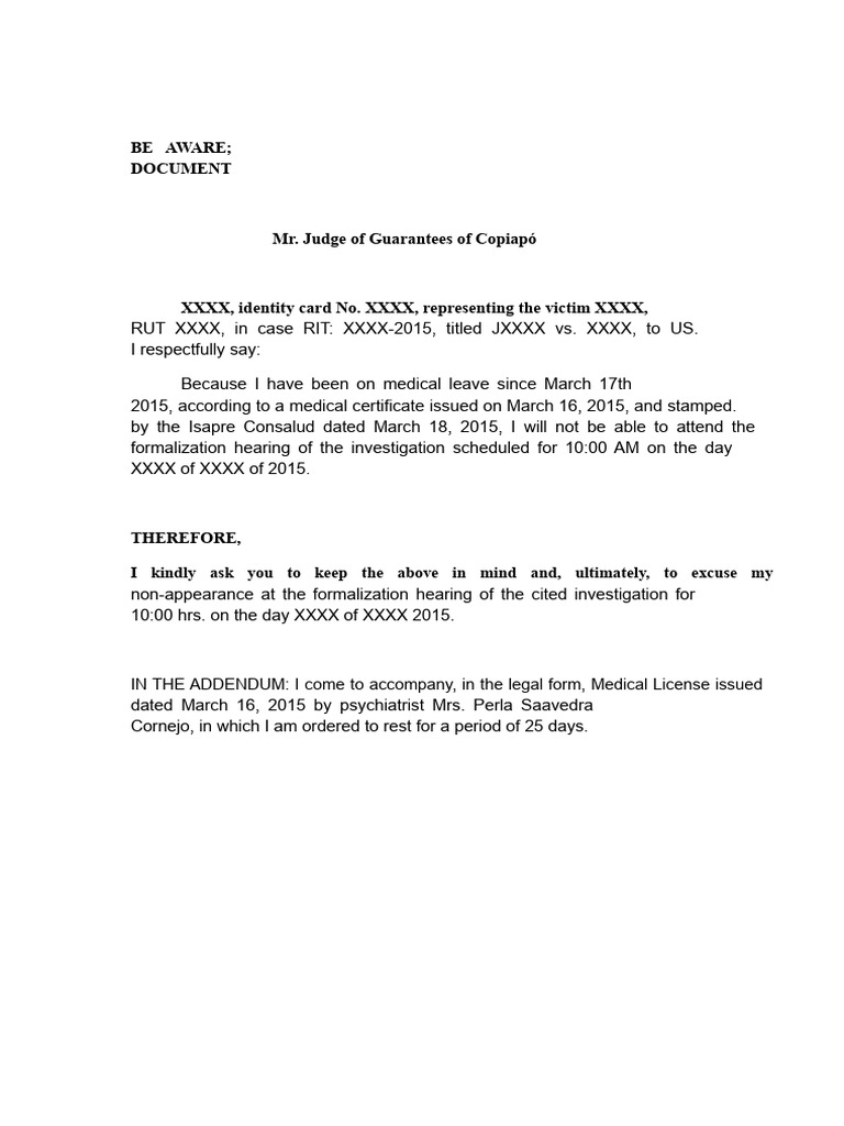 Request - Justification For Non-Appearance at The Formalization Hearing ...