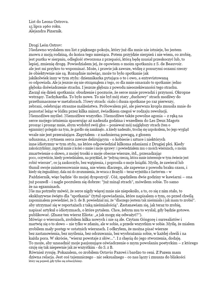 List Do Leona Ostrova. Alejandra Pizarnik. | PDF