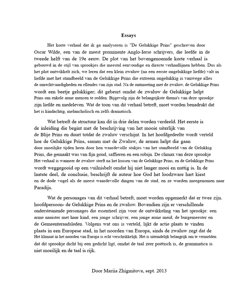 Essay Over de Gelukkige Prins Door Een Student | PDF