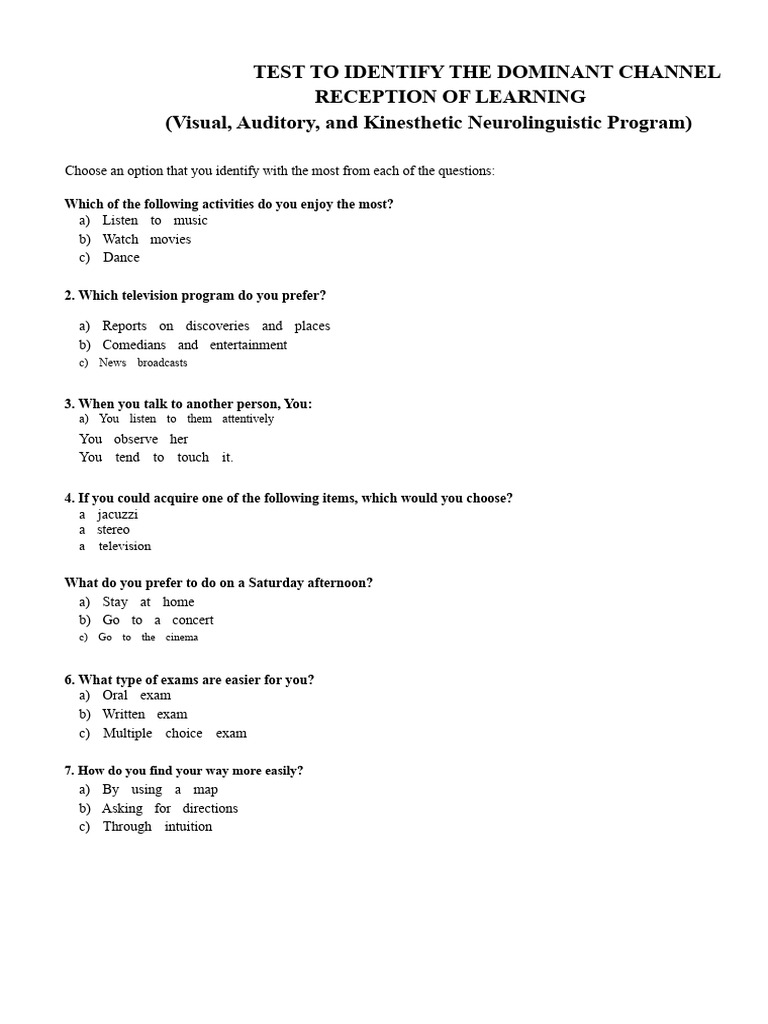 Test To Identify The Dominant Channel of Learning Reception | PDF ...