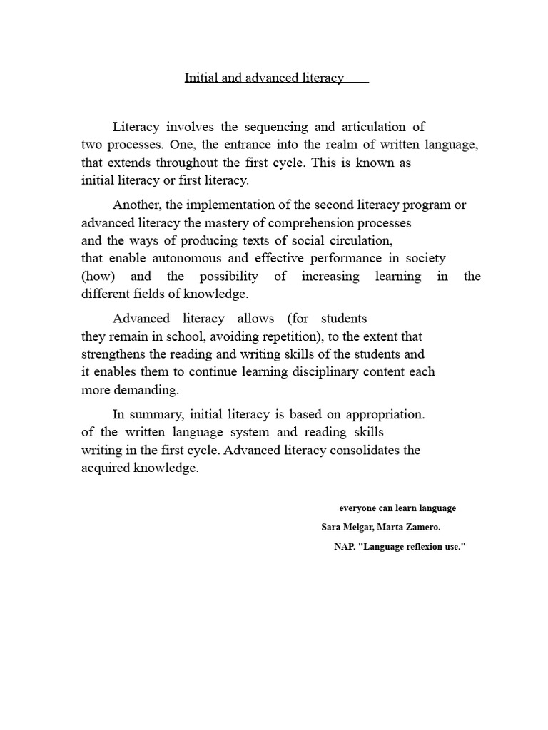 Understanding Initial Literacy | PDF