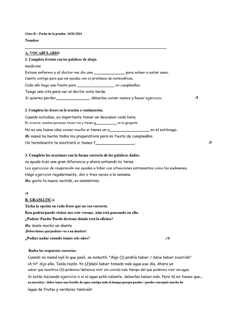 Prueba de vocabulario y gramática Clase D | PDF | Léxico | Verbo