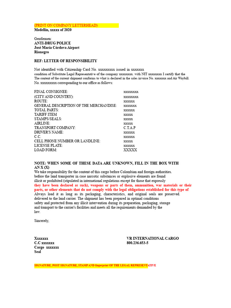 Letter of Responsibility for Shipment | PDF | Cargo | Freight Transport