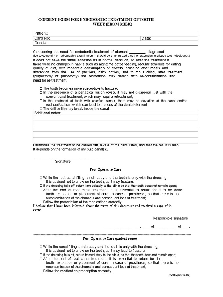 Consent Form For Pediatric Dentistry Treatment of Deciduous (Milk ...