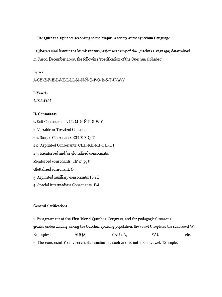 Quechua Language Alphabet Overview | PDF | Consonant | Syllable