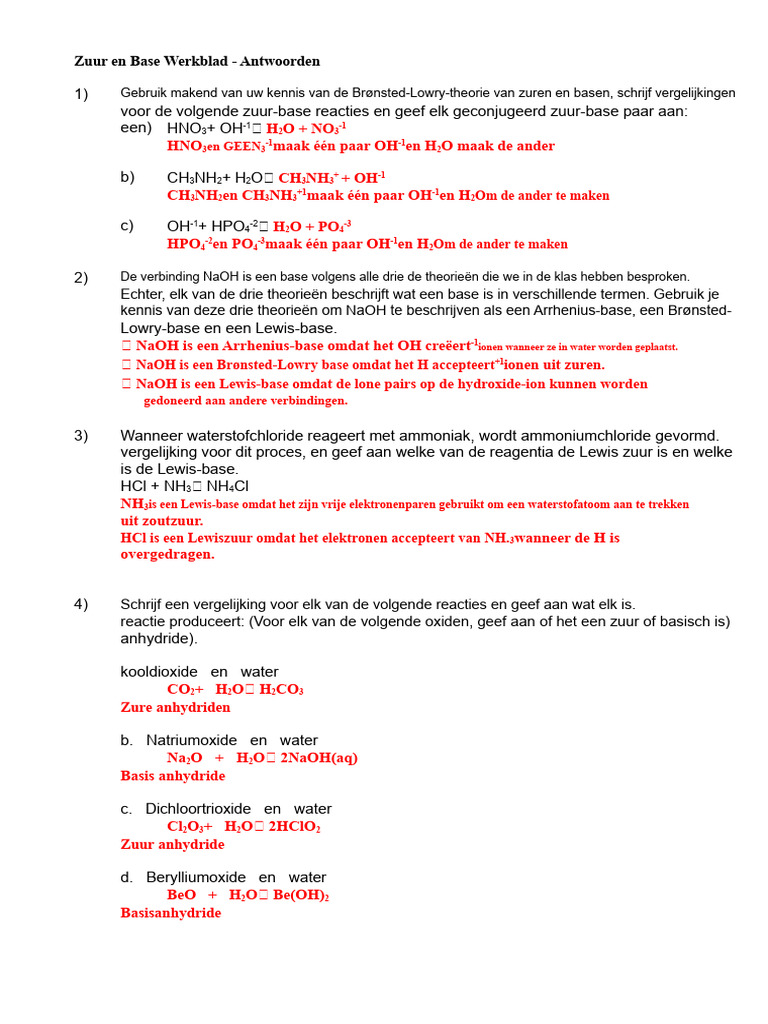Zuur en Base Werkblad 1-07-08 Antwoorden Sleutel | PDF