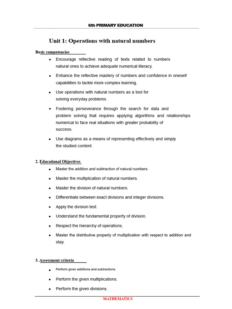 Mathematics 6th Grade. Skills, Content, Objectives, and Evaluation ...