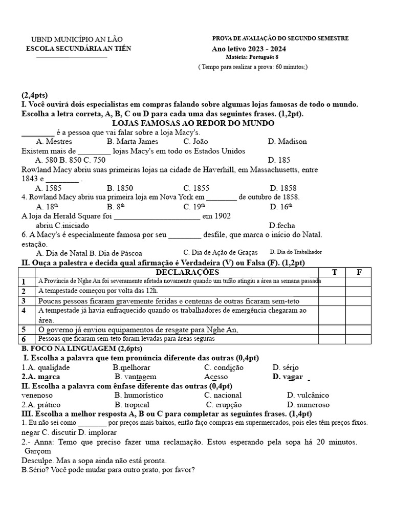 Prova de Português 8 - 2º Semestre 2023 | PDF | Terremotos | Terra
