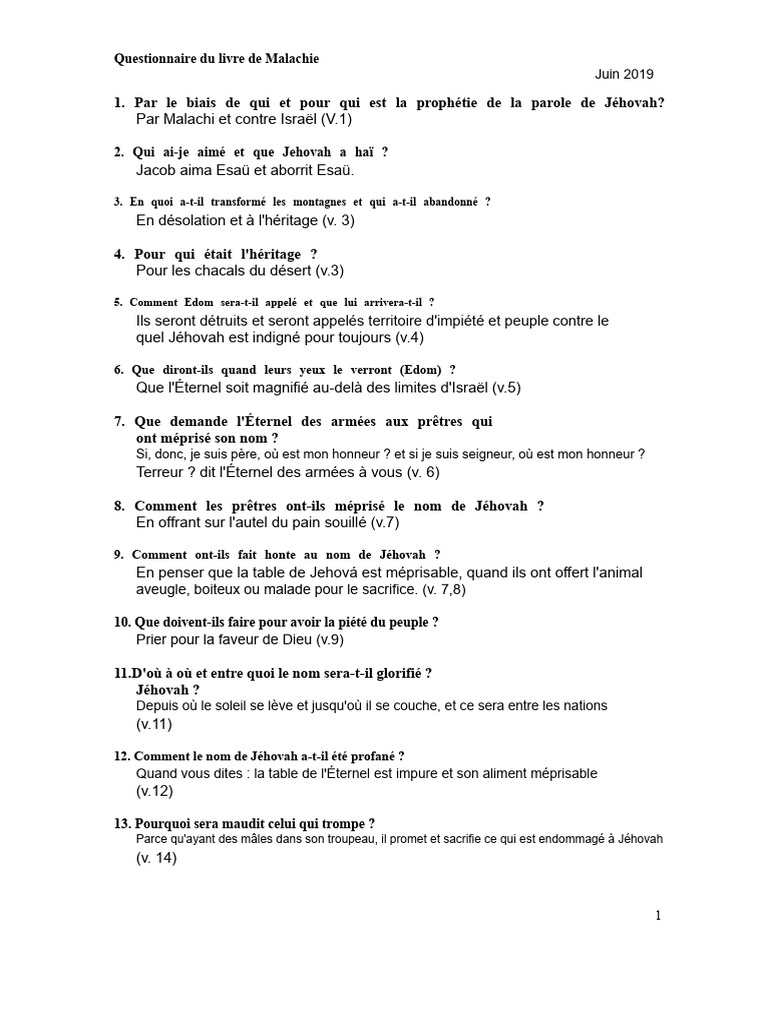Questionnaire sur le livre de Malachie | PDF | Yahweh