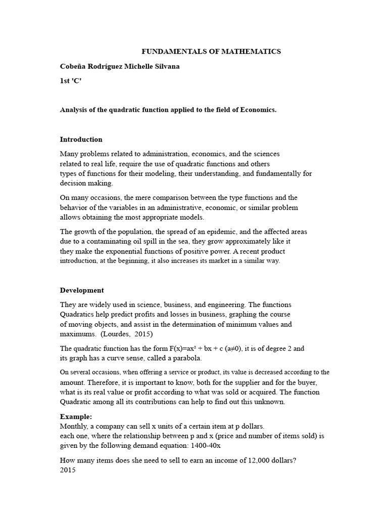 Analysis of The Quadratic Function Applied To The Field of Economics ...