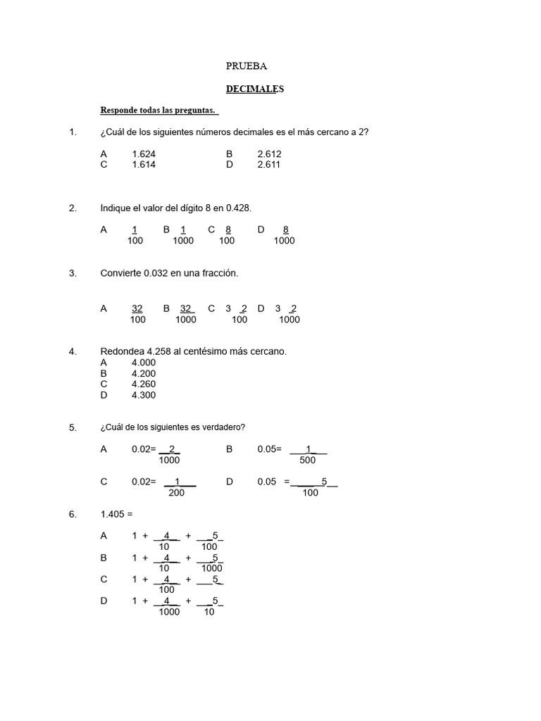 Prueba Sumativa de Año 5 Sobre Decimales | PDF | Aritmética | Números