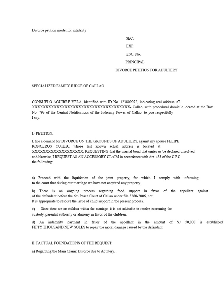 Model of Divorce Petition For Infidelity | PDF | Divorce | Marriage