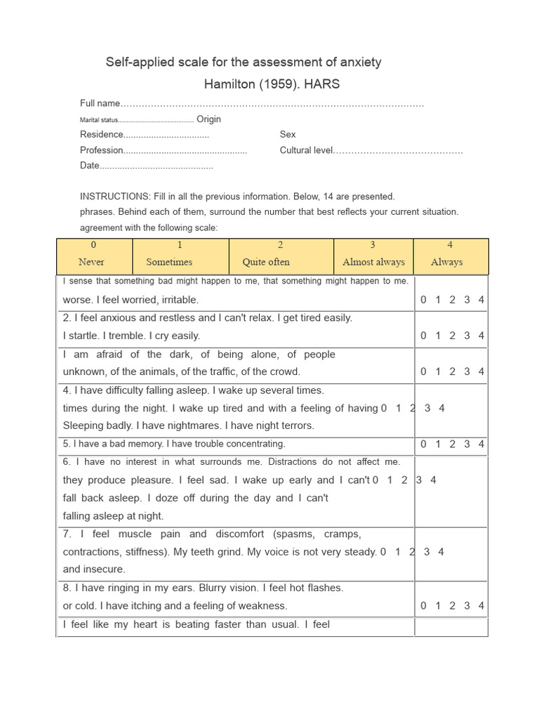 Self-Administered Scale For The Hamilton Anxiety Assessment | PDF ...