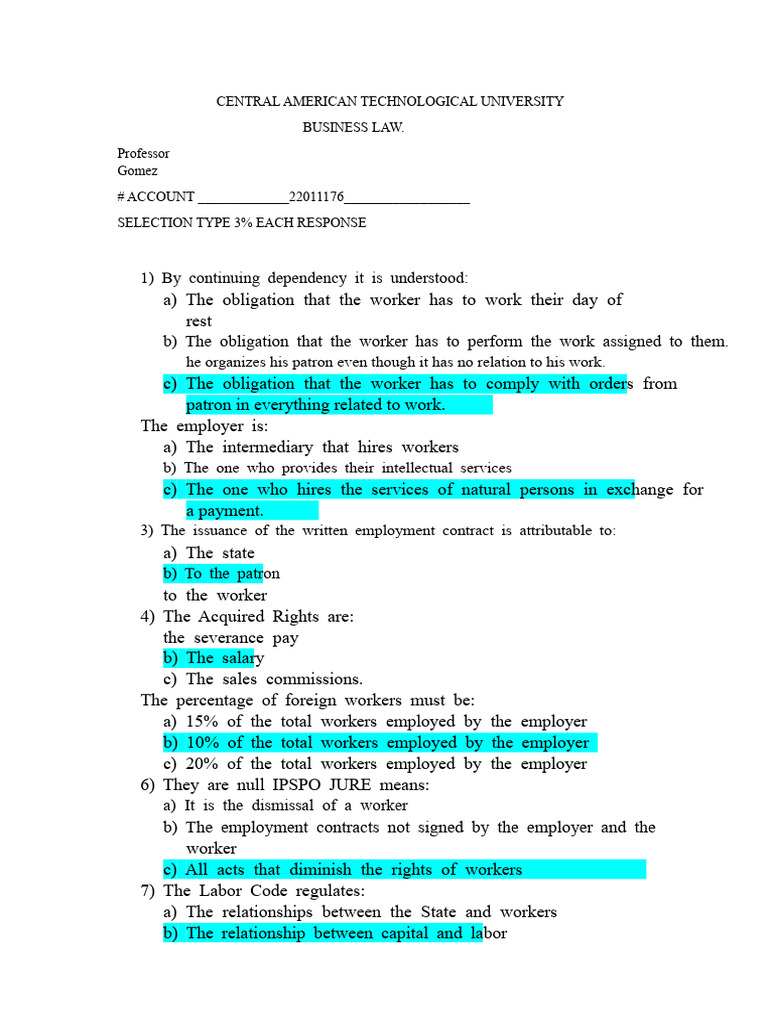 Central American Business Law Exam Guide | PDF | Employment | Business