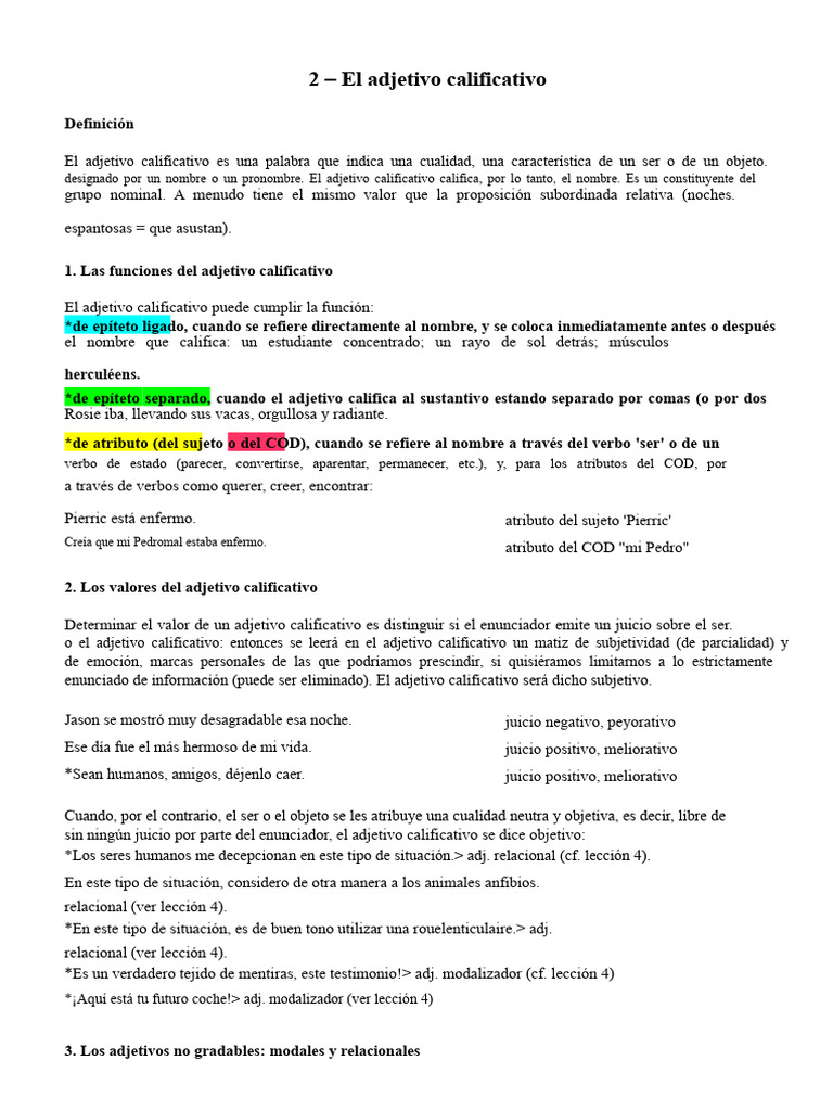 Tipos y funciones del adjetivo calificativo | PDF | Adjetivo | Gramática