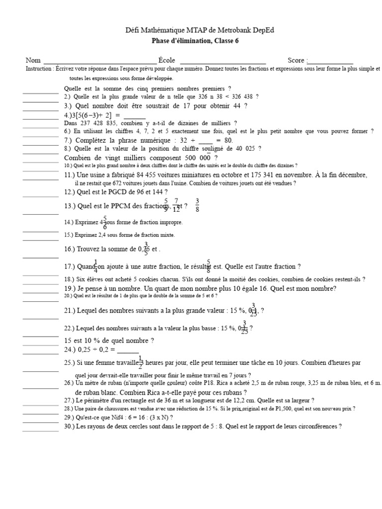 Défi Mathématique MTAP Classe 5 et 6 | PDF | Mathématiques | Théorie ...