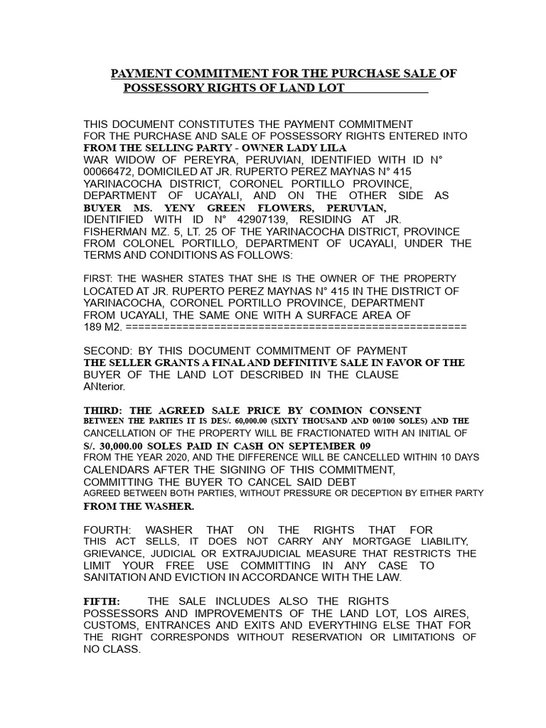 Commitment To Pay For The Purchase and Sale of Possessory Rights of A Plot of Land | PDF ...