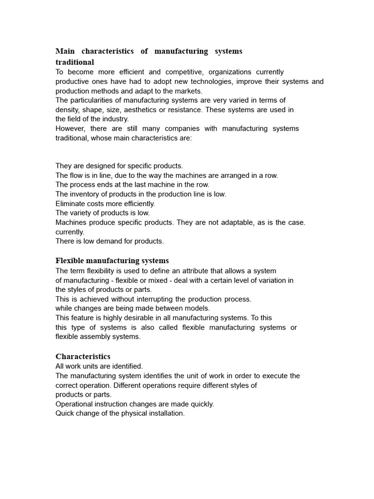 Main Characteristics of Traditional Manufacturing Systems | PDF