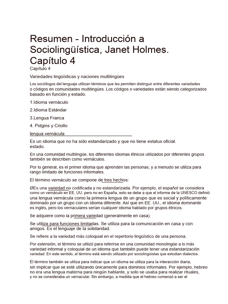 Resumen Del Capítulo 4 de Introducción A La Sociolingüística (Janet ...